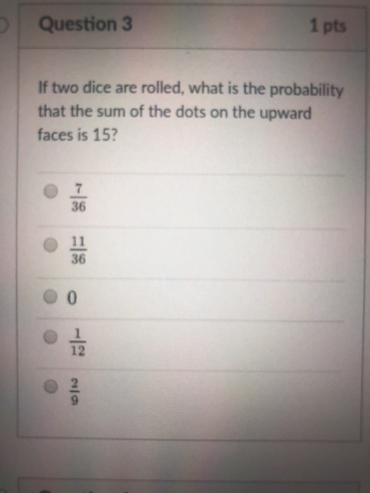 Solved Question 3 1 pts If two dice are rolled, what is the | Chegg.com