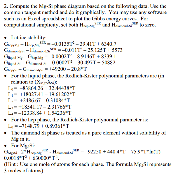 2. Compute the Mg-Si phase diagram based on the | Chegg.com