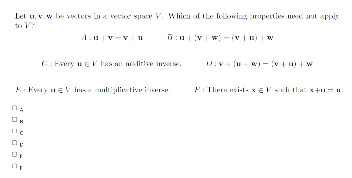 Solved Let u,v,w be vectors in a vector space V. Which of | Chegg.com