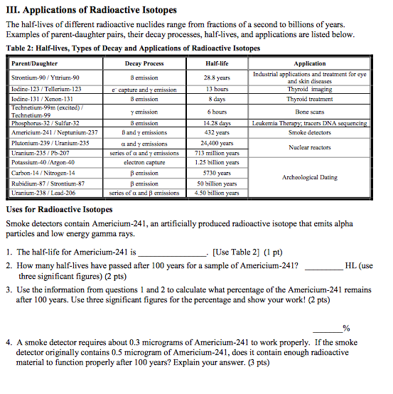 Solved III. Applications of Radioactive Isotopes The | Chegg.com