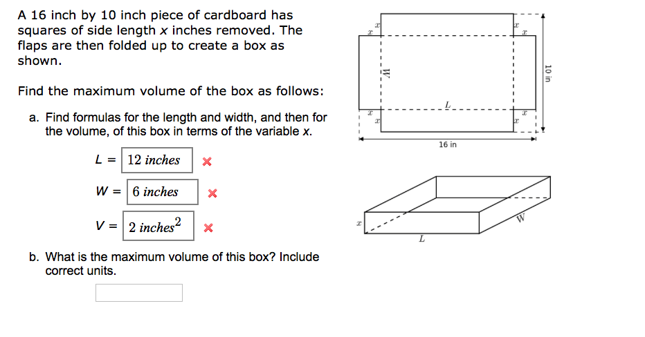 Solved A 16 inch by 10 inch piece of cardboard has squares | Chegg.com