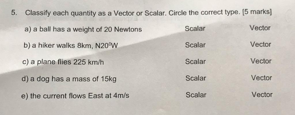 Solved 5. Classify each quantity as a Vector or Scalar. | Chegg.com