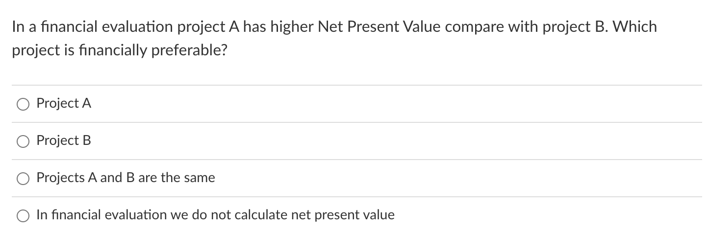 Solved In a financial evaluation project A has higher Net | Chegg.com
