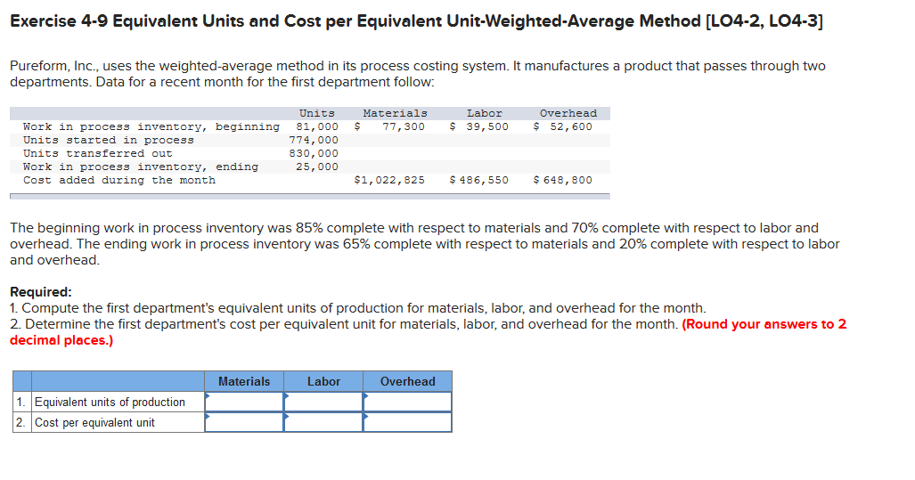 Solved Exercise 49 Equivalent Units And Cost Per Equivalent 8965