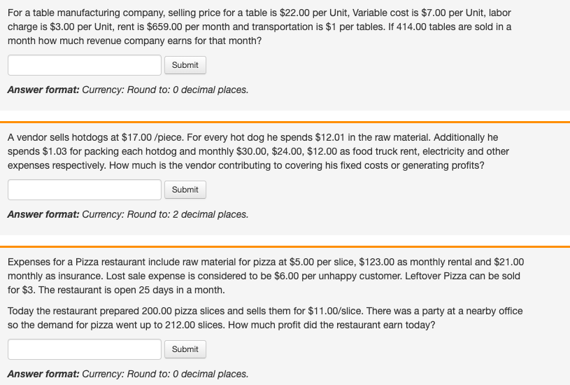Solved For a table manufacturing company, selling price for | Chegg.com