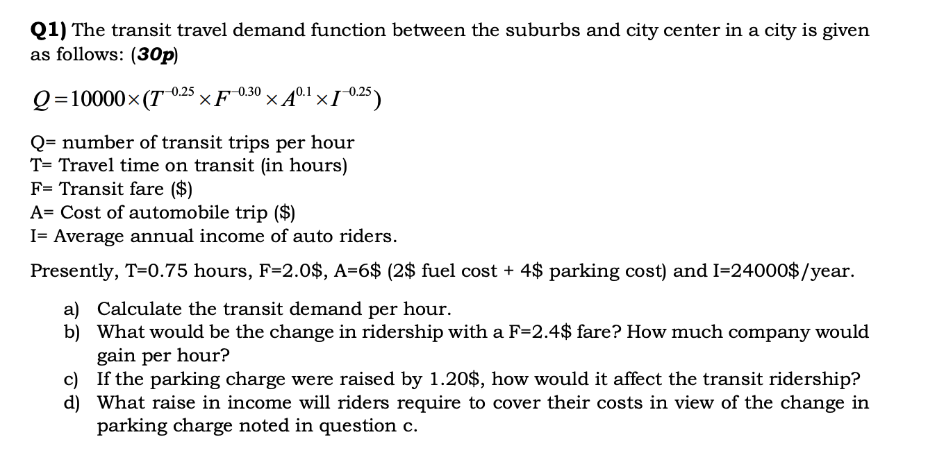 Solved Q1) The transit travel demand function between the | Chegg.com