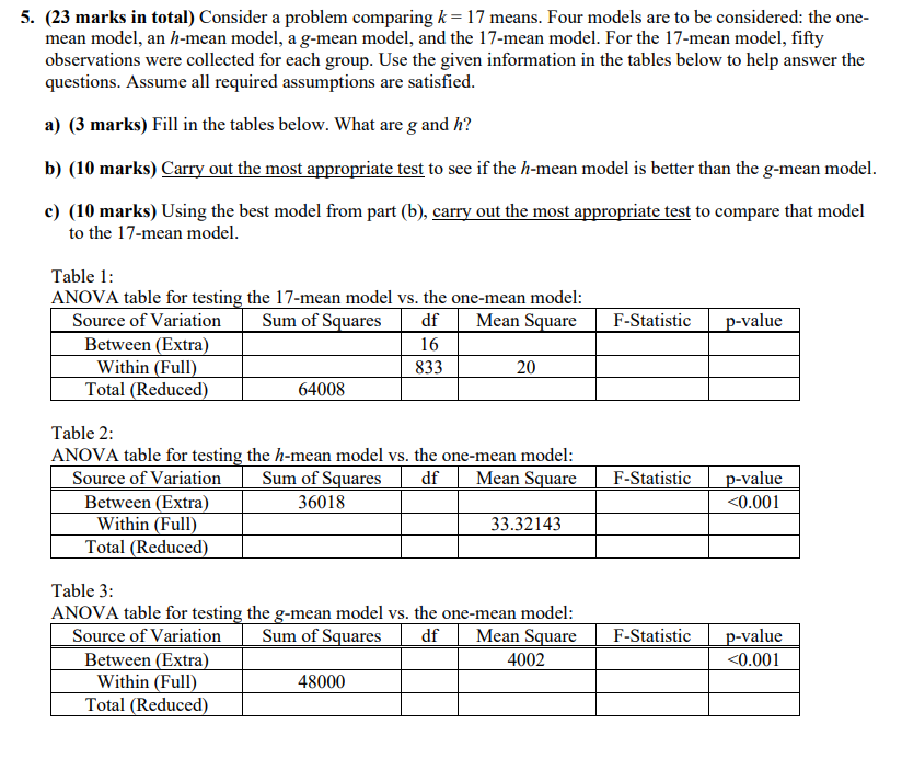 Solved 5. (23 marks in total) Consider a problem comparing | Chegg.com