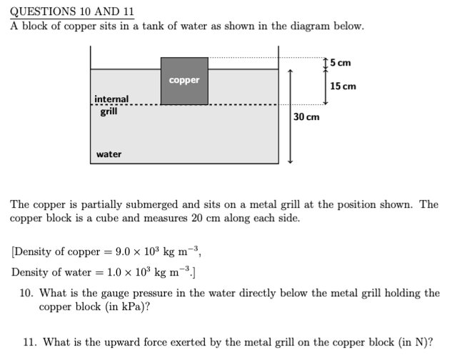 Solved QUESTIONS 10 AND 11 A block of copper sits in a tank | Chegg.com