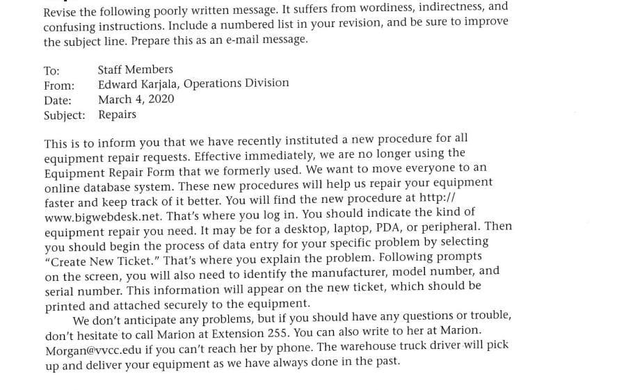 REVISE the poorly written message from Writing | Chegg.com