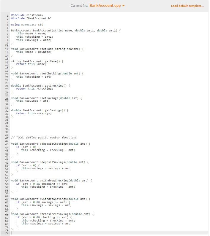 Solved Please edit the code in bankaccount.cpp to meet the | Chegg.com