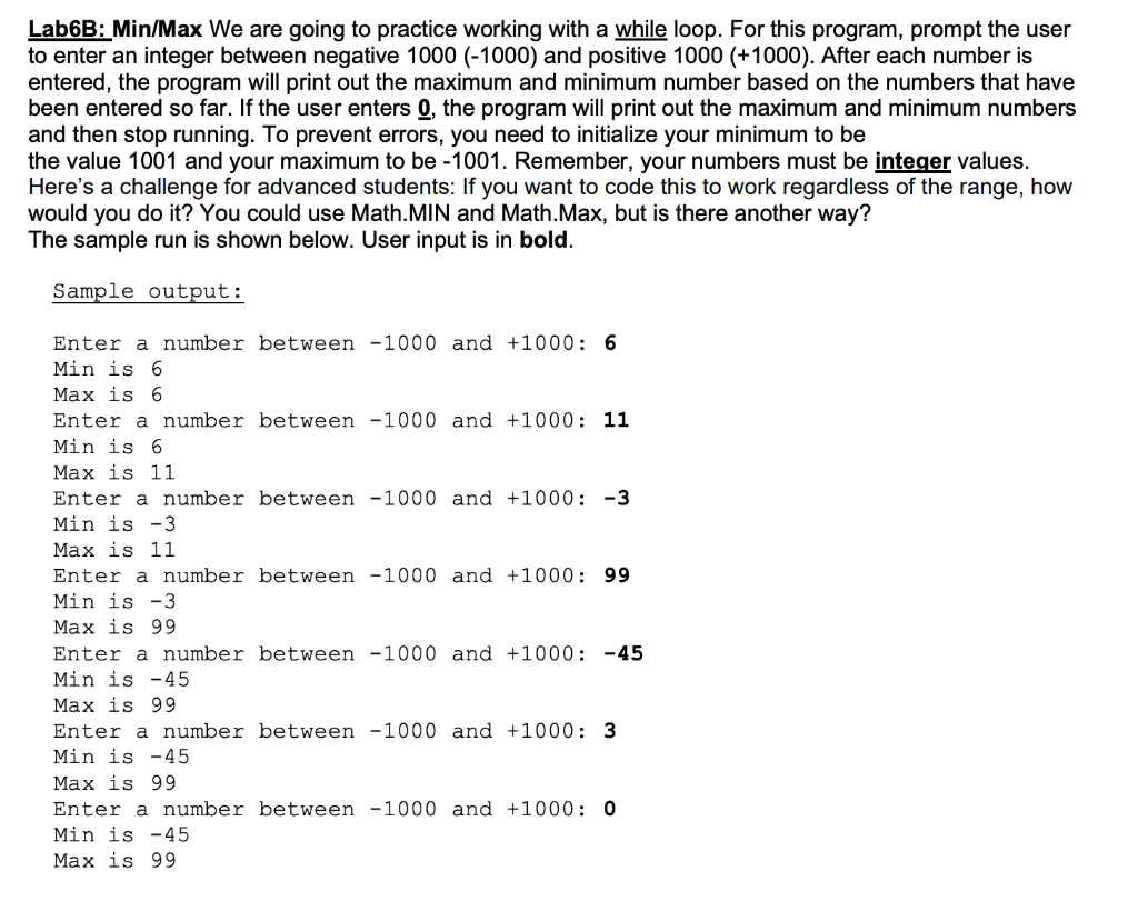 Solved Lab6B: Min/Max We are going to practice working with | Chegg.com