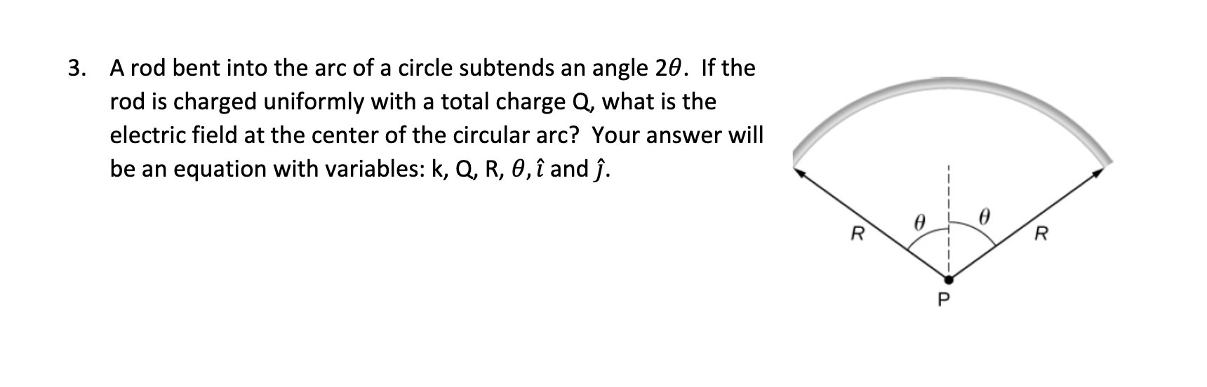 Solved 3. A rod bent into the arc of a circle subtends an | Chegg.com