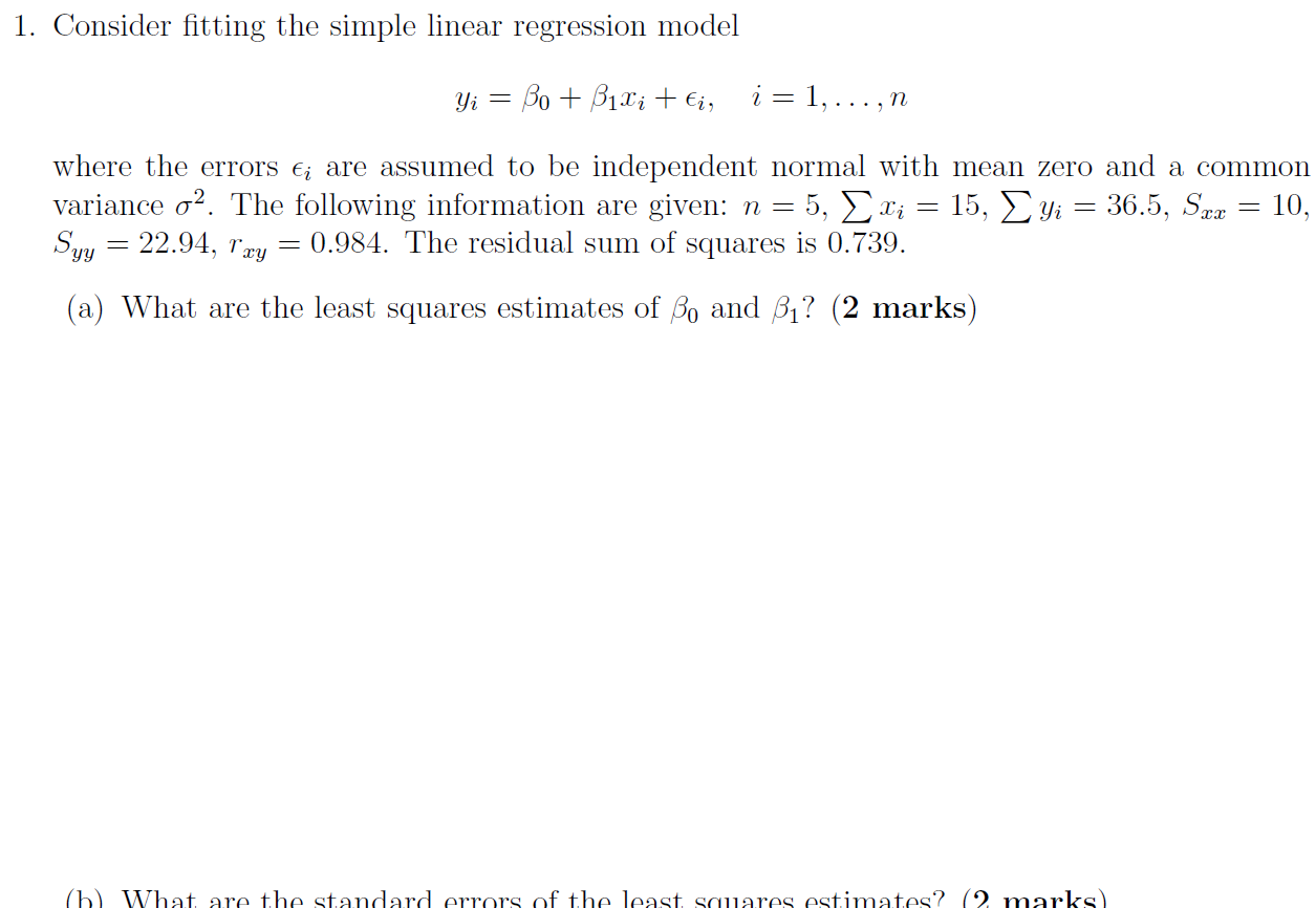 Solved 1. Consider fitting the simple linear regression | Chegg.com