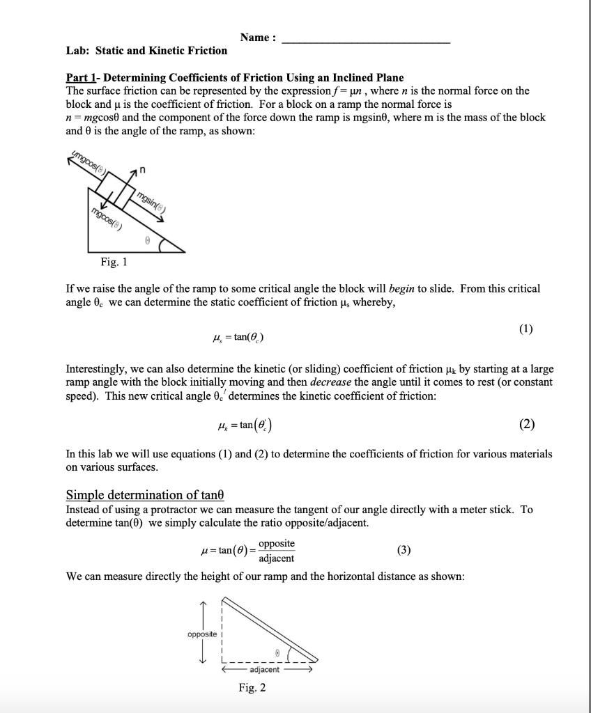 Name : Lab: Static and Kinetic Friction Part 1- | Chegg.com
