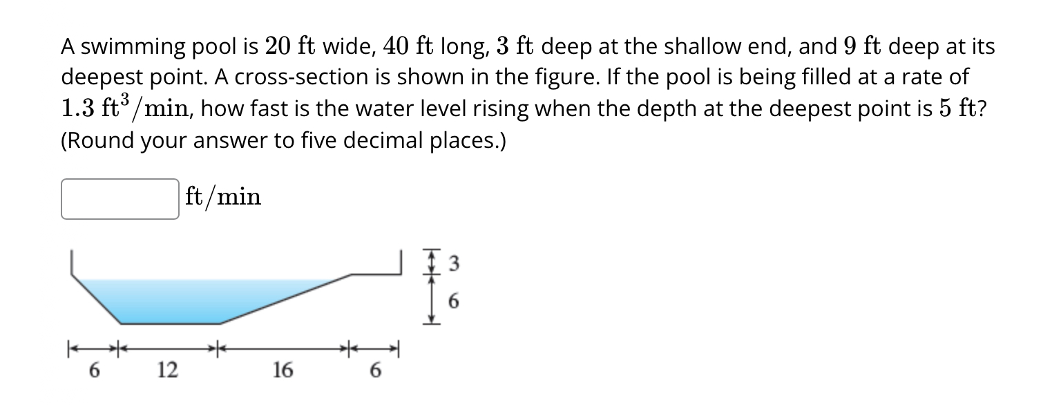 Solved A swimming pool is 20ft ﻿wide, 40ft ﻿long, 3ft ﻿deep | Chegg.com