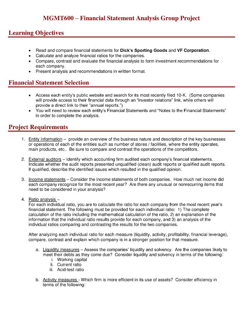 FINANCIAL STATEMENT ANALYSIS PROJECT Need a | Chegg.com