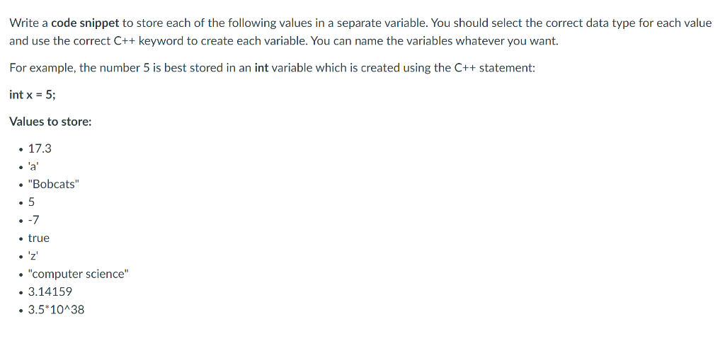 Solved Write a code snippet to store each of the following | Chegg.com