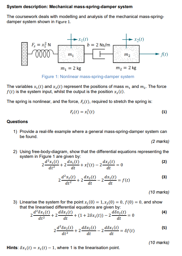 Solved System description: Mechanical mass-spring-damper | Chegg.com