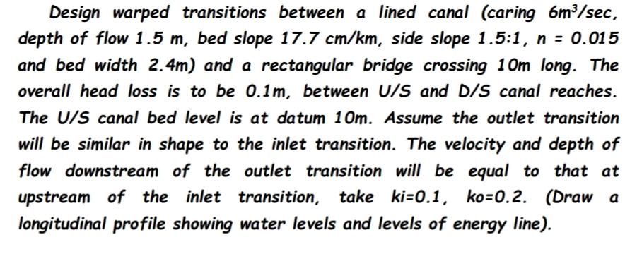 Design warped transitions between a lined canal | Chegg.com