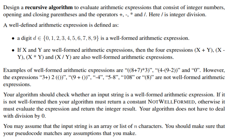 Solved Design a recursive algorithm to evaluate arithmetic | Chegg.com
