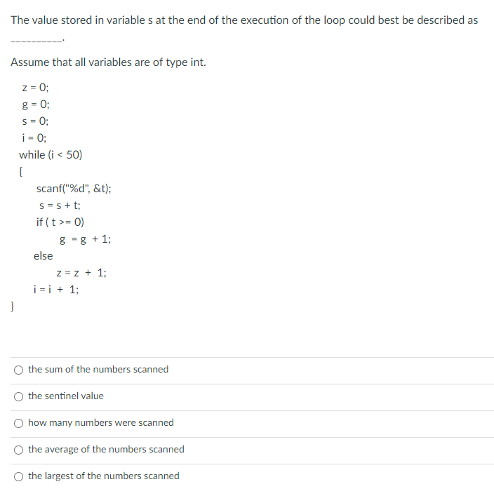 Solved The value stored in variable s at the end of the | Chegg.com