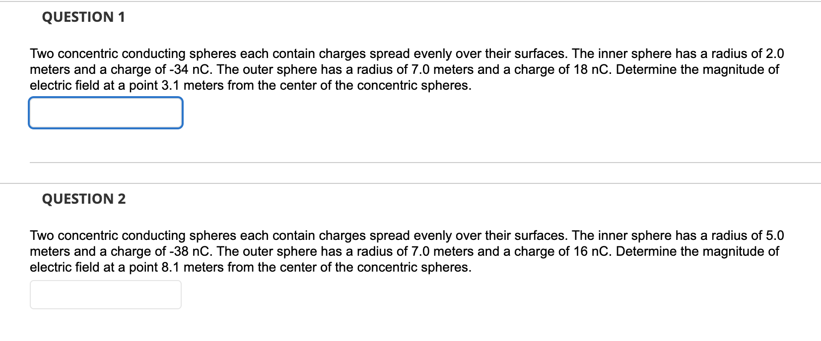 Solved Two concentric conducting spheres each contain | Chegg.com