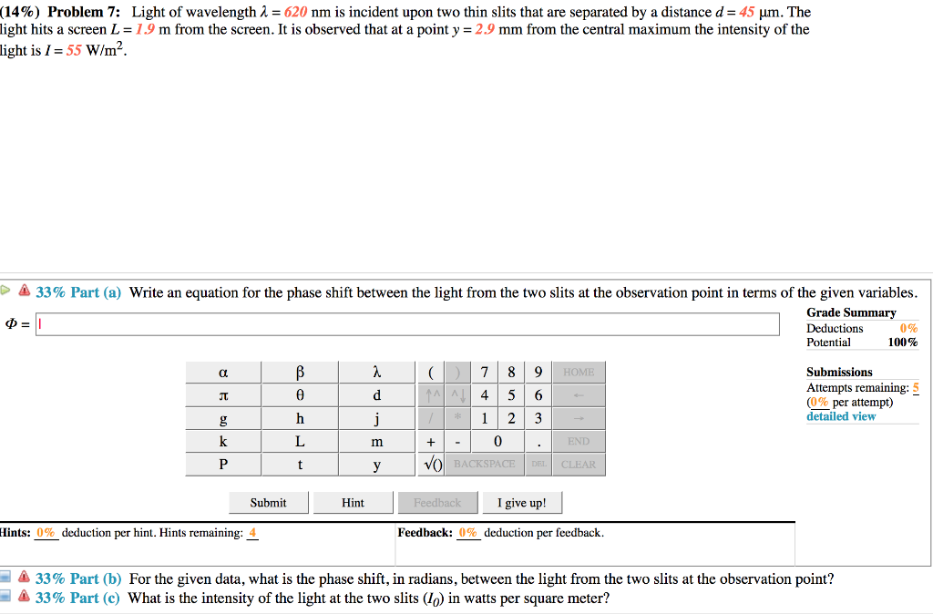 Solved (14%) Problem 7: Light of wavelength λ = 620 nm is | Chegg.com