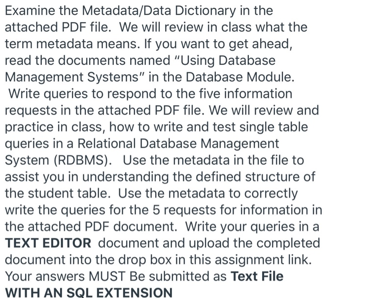 Solved Examine the Metadata/Data Dictionary in the attached | Chegg.com