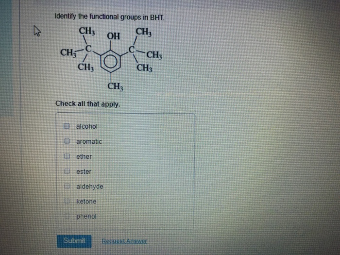 Solved Identify the functional groups in BHT CH3 CH-C -CH3 | Chegg.com