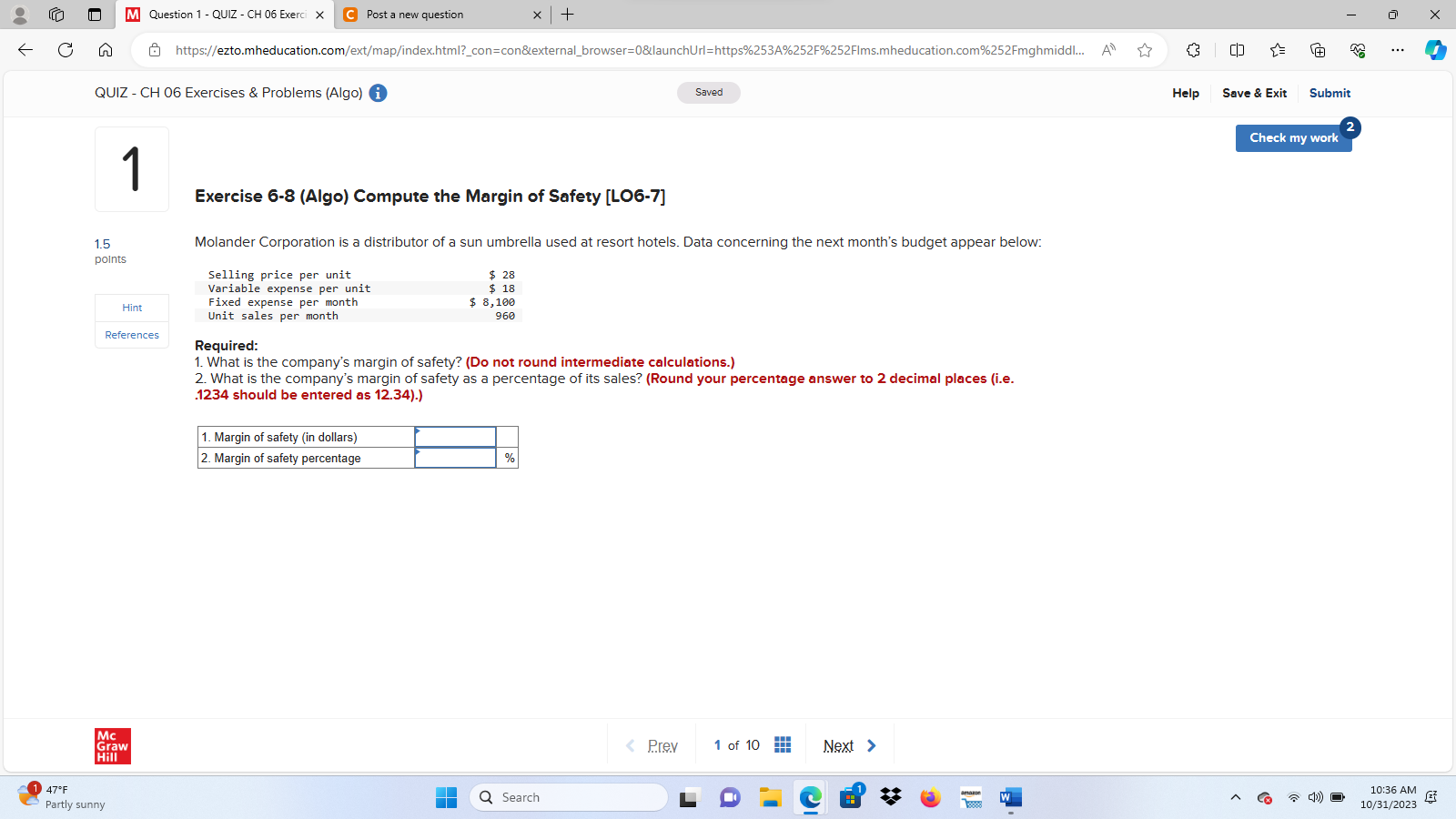 Solved Exercise 6 8 Algo Compute The Margin Of Safety