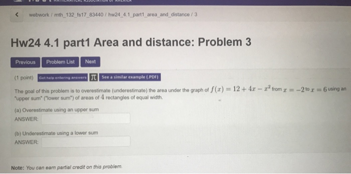 Solved webwork/ mth 132 fs17 83440/ hw24 4.1 part1 area and | Chegg.com