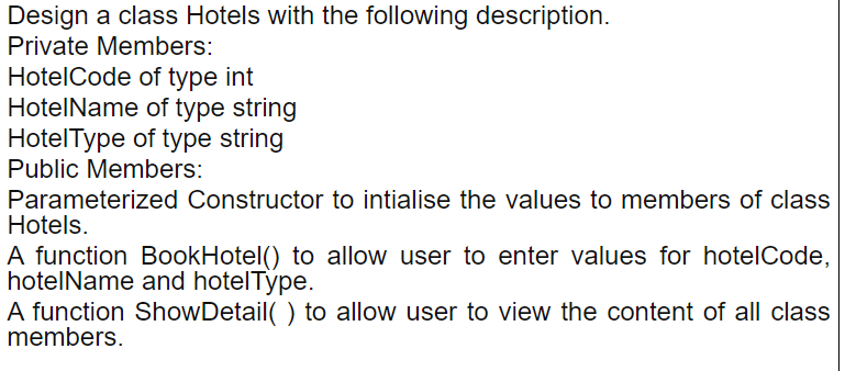 Solved Design a class Hotels with the following description. | Chegg.com