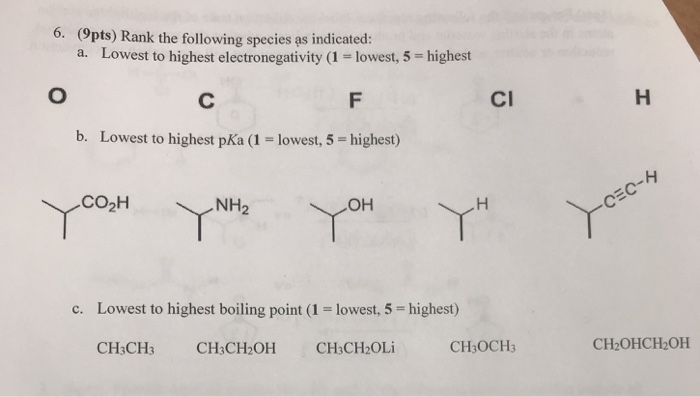 Solved 6. (9pts) Rank the f ted: ollowing species as indica | Chegg.com