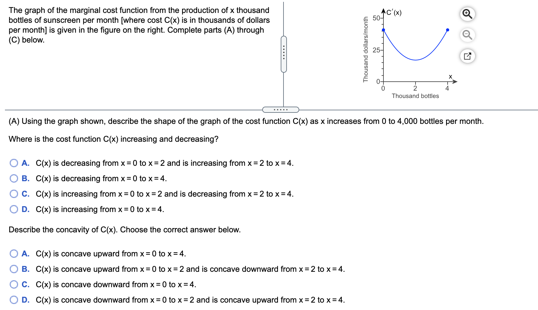 Solved A c'(x) 50- The graph of the marginal cost function | Chegg.com