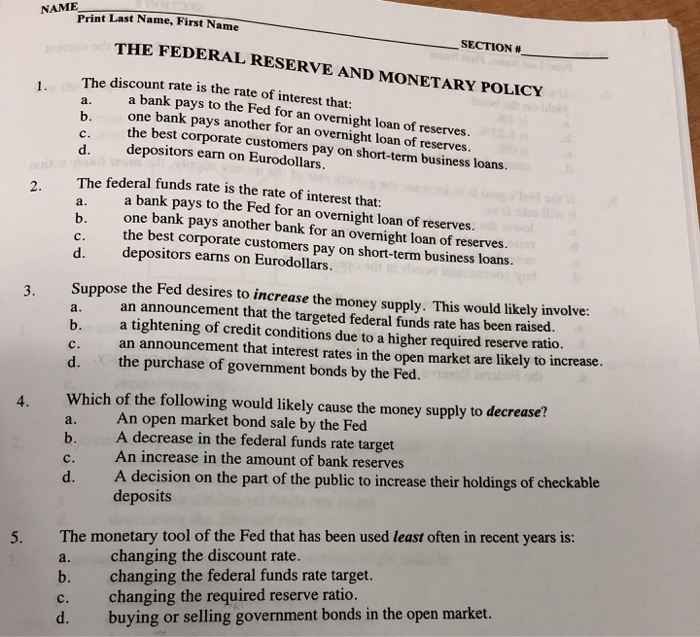 Solved NAME Print Last Name, First Name SECTION # THE | Chegg.com