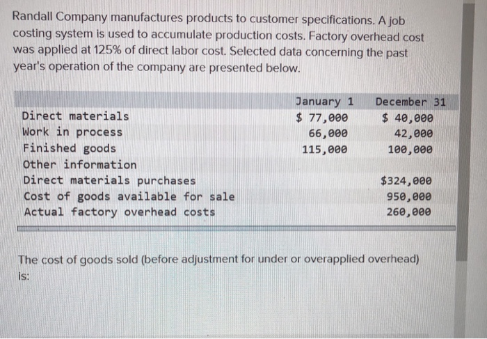 Solved Randall Company manufactures products to customer | Chegg.com