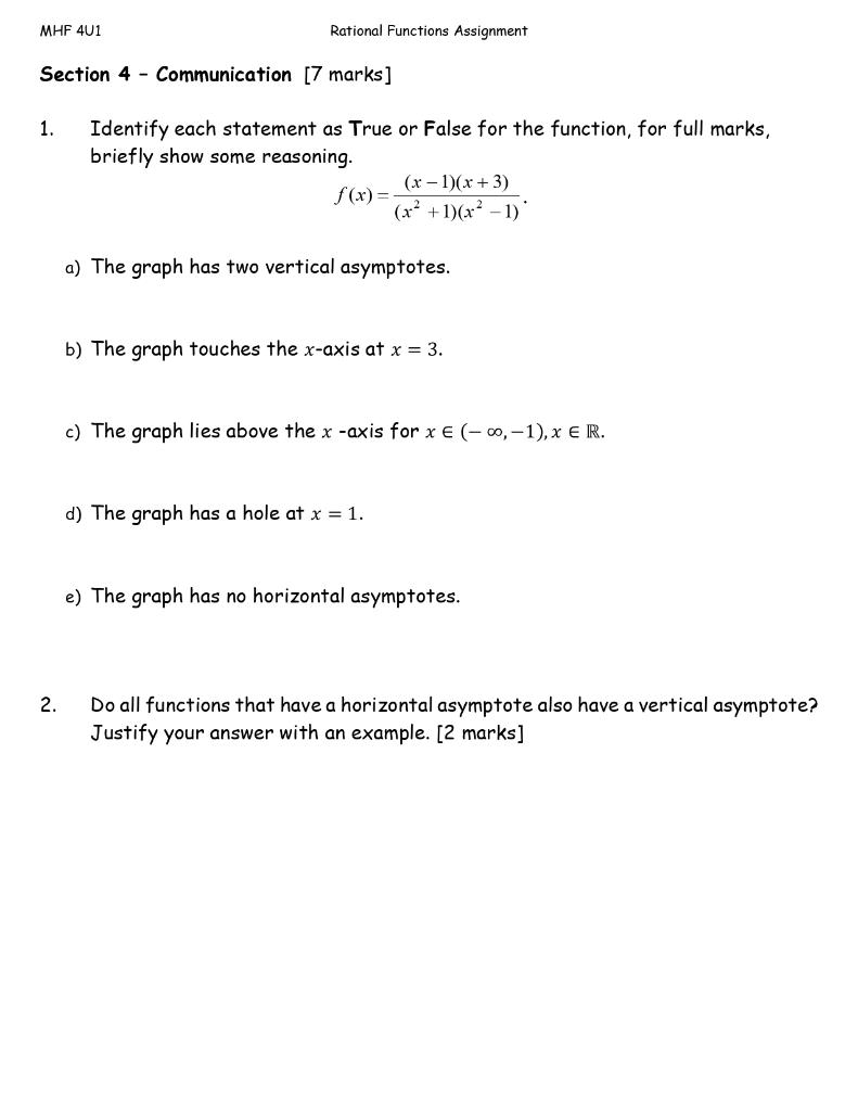 Solved MHF 401 Rational Functions Assignment Section 4 - | Chegg.com