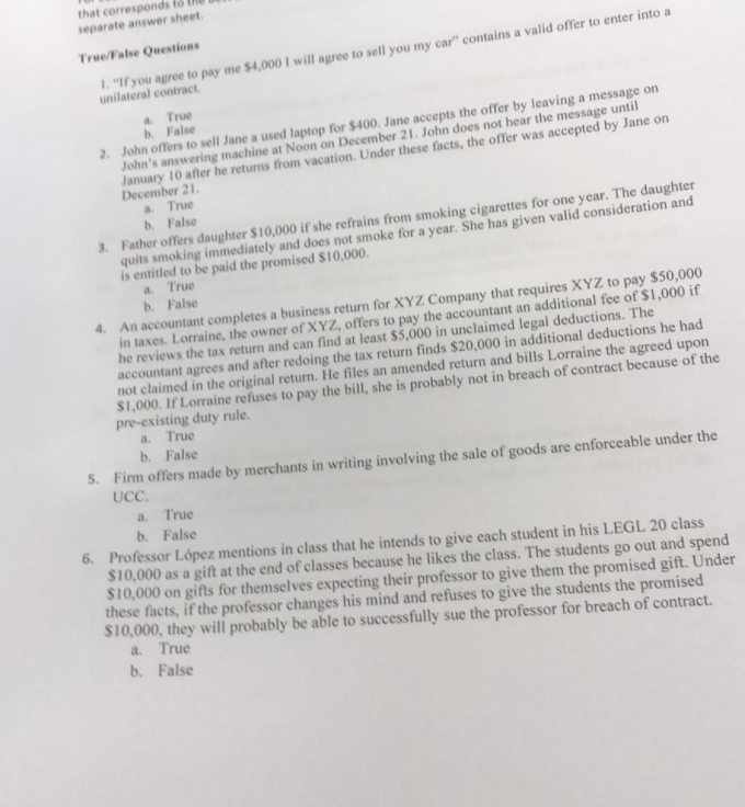 Solved that corresponds to he separate answer sheet | Chegg.com