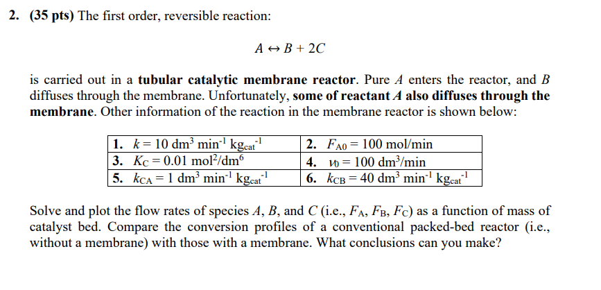 2. (35 pts) The first order, reversible reaction: A B | Chegg.com