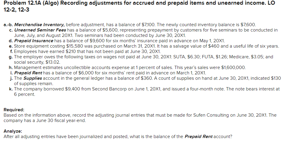 Solved Problem 12.1A (Algo) Recording adjustments for | Chegg.com