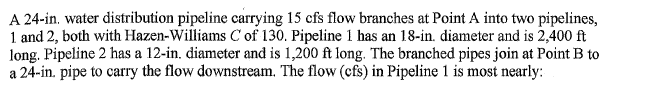 Solved A 24-in. water distribution pipeline carrying 15 cfs | Chegg.com