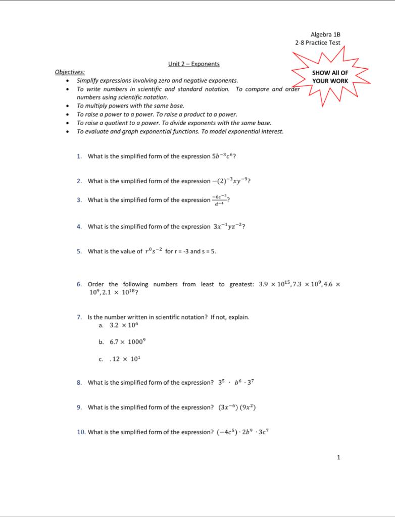Solved Algebra 18 2-8 Practice Test SHOW All OF YOUR WORK | Chegg.com