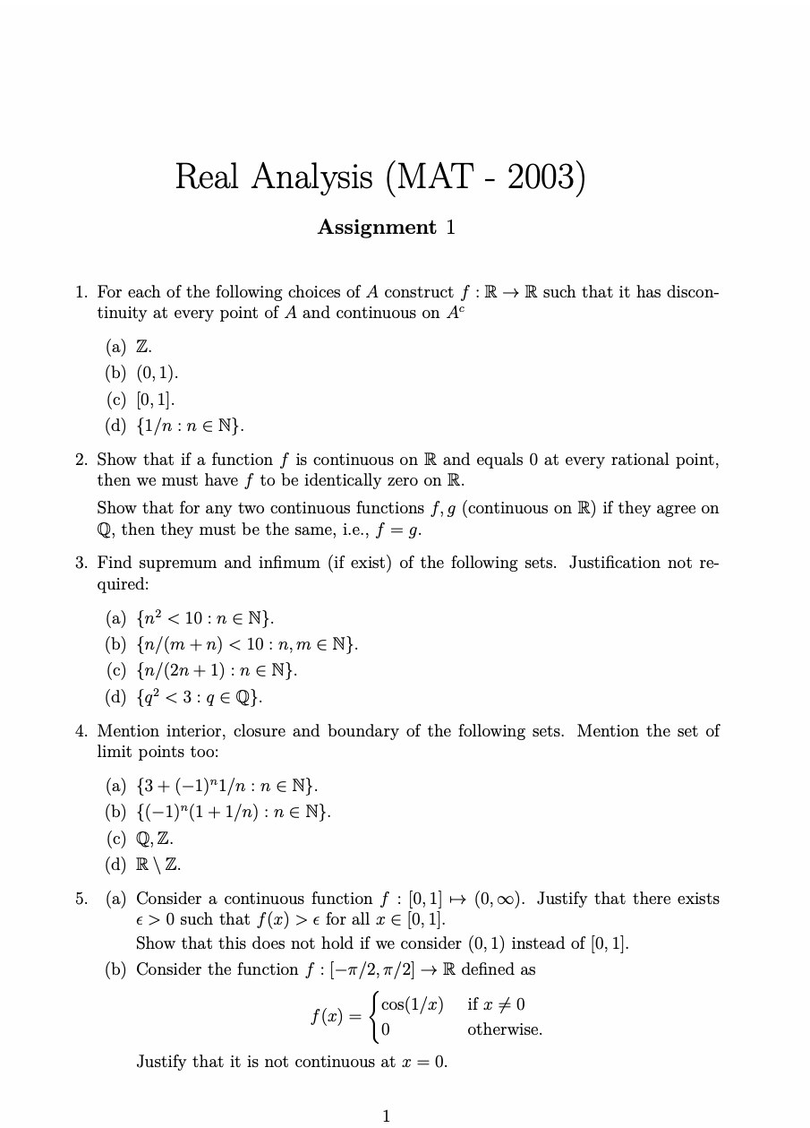 Solved Real Analysis (MAT - 2003) Assignment 1 1. For each | Chegg.com