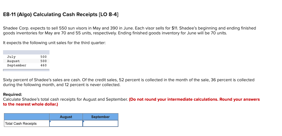 Solved E8-11 (Algo) Calculating Cash Receipts [LO 8-4) | Chegg.com