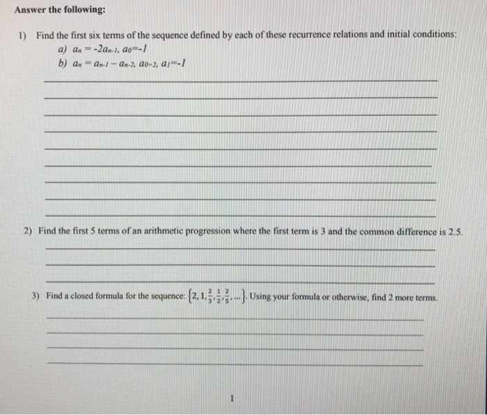 Solved Answer The Following 1 Find The First Six Terms Of 
