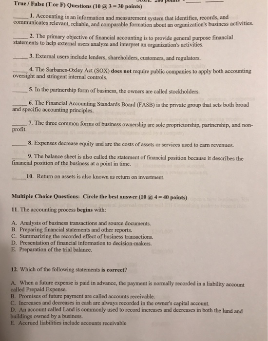 Solved True/ False (T or F Questions (10@3-30 points) 1. | Chegg.com