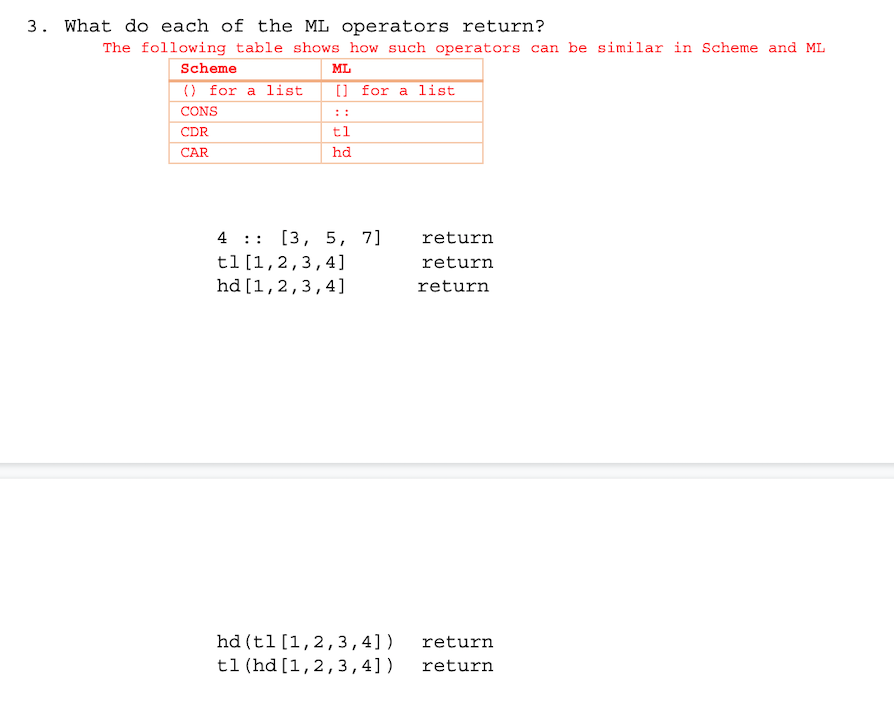 Solved 3. What do each of the ML operators return? The | Chegg.com