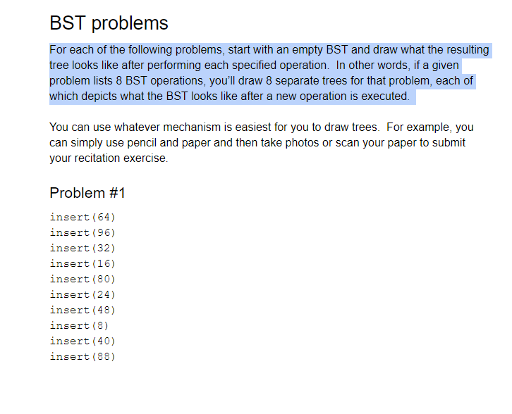 Solved BST problems For each of the following problems, | Chegg.com