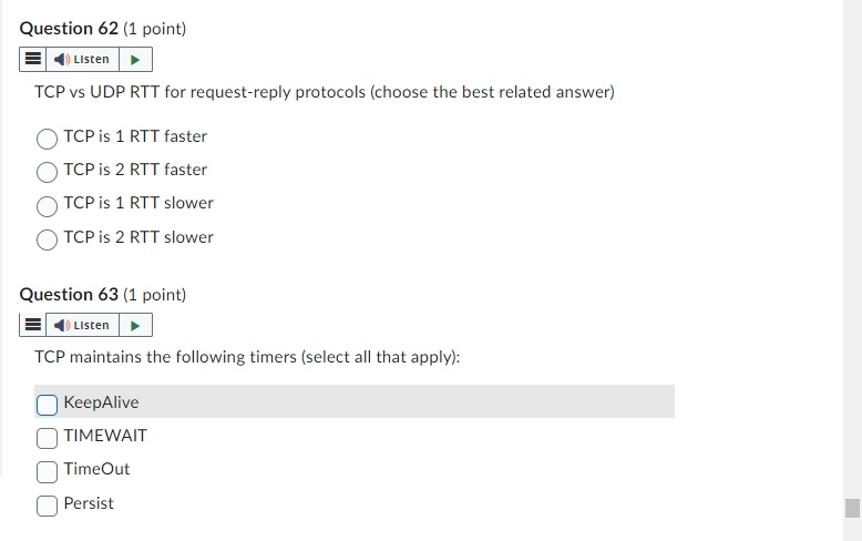 Solved TCP vs UDP RTT for request-reply protocols (choose | Chegg.com