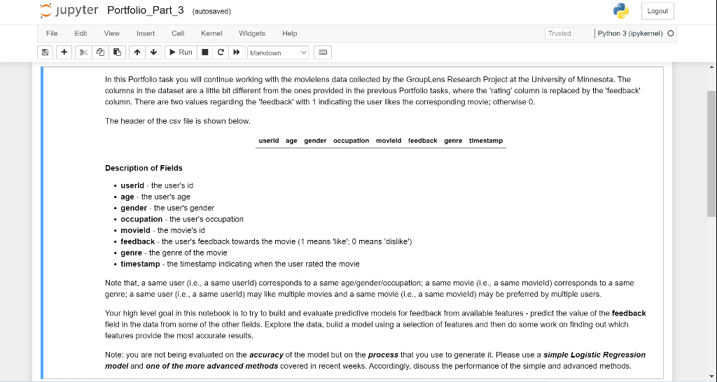 jupyter Portfolio_Part_3 (autosaved) Logout File Edit | Chegg.com